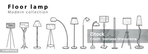 배너 거실용 낙서 스케치 램프 테이블 및 플로어 램프 다양한 크기와 유형 현대적이고 빈티지한 손으로 그렸습니다 벡터 그림입니다