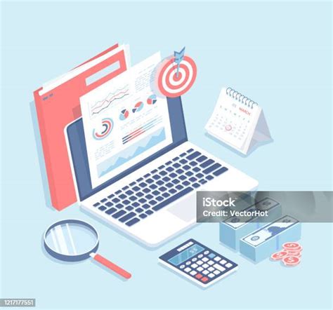 감사 분석 회계 계산 분석 노트북 화면 폴더 돋보기 계산기 달력 돈 더미 동전의 더미에 차트 그래프와 문서 아이소메트릭 3d 벡터 3차원 형태에 대한 스톡 벡터 아트 및