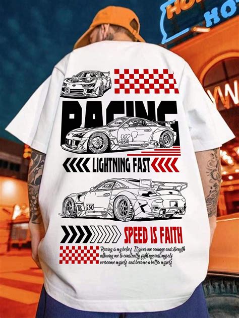 Camiseta De Cuello Redondo De Manga Corta De Verano Para Hombres Con Estampado De Letras Y Carreras