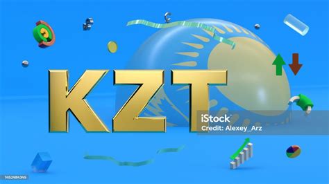 카자흐스탄 국기 조각의 배경에 금박을 입힌 문자 Kzt 추상적 인 멀티 컬러 모양 화살표 통화 기호 및 차트 3d 렌더링 금융