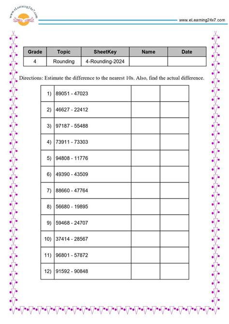 Estimate Difference To Nearest 10 5 Digits Number Worksheet For Grade