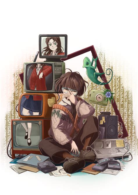 Safebooru 2girls Absurdres Adjusting Eyewear Binary Blue Eyes Blue Skirt Brown Hair Brown