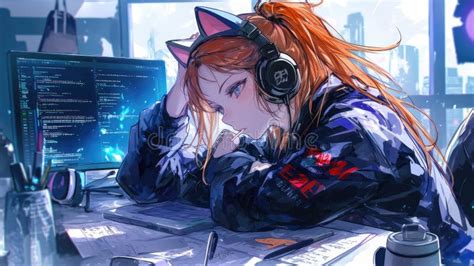 Anime Girl Coding With Headphones In Futuristic Urban Workspace Stock