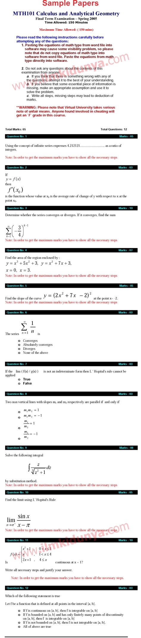 Mth Calculus And Analytical Geometry Bs Information Technology Vu