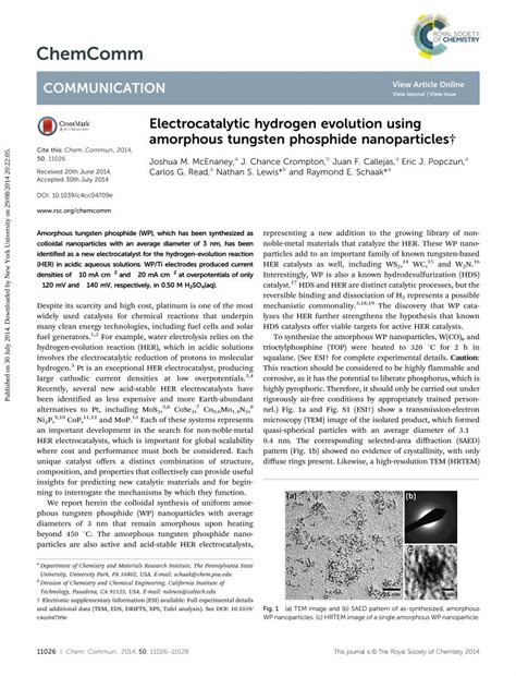 Pdf Electrocatalytic Hydrogen Evolution Using Amorphous Tungsten
