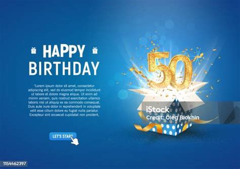 50 Th 년 기념일 배너 오픈 버스트 선물 상자 템플릿 50 번째 생일 축 하와 파란색 배경 벡터 일러스트 레이 션에 추상