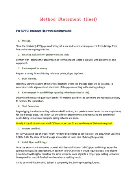 Method Statement Upvc Underground Pdf Pipe Fluid Conveyance