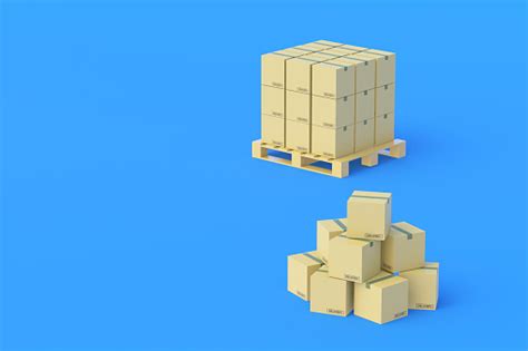 상자 더미와 팔레트에 화물 운송 및 물류 수입 상품의 수출 화물의 보관 국제 무역 도매 구매 판매 배달 회사 3d 렌더링 3차원 형태에 대한 스톡 사진 및 기타 이미지