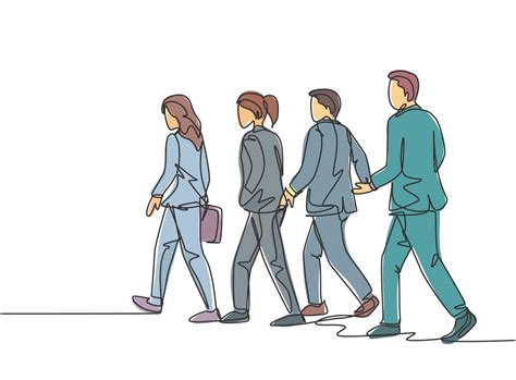 One Continuous Line Drawing Of Group Urban Male And Female Commuters Walking Every Day On City