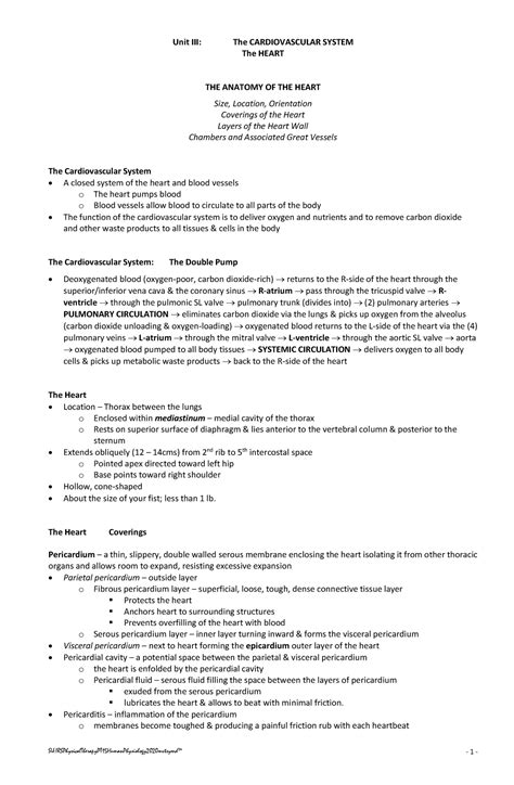 Cv System Lec Notes 2020 Unit Iii The Cardiovascular System The Heart The Anatomy Of The