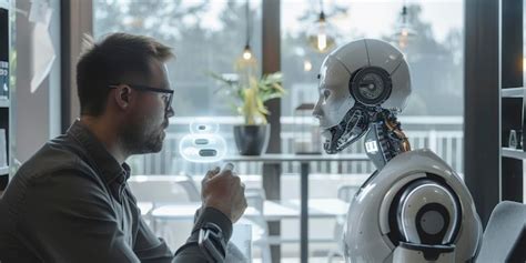 A Man And A Robot Were Having Conversation At Office Premium Ai Generated Image