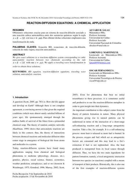 Pdf Reaction Diffusion Equations A Chemical Application