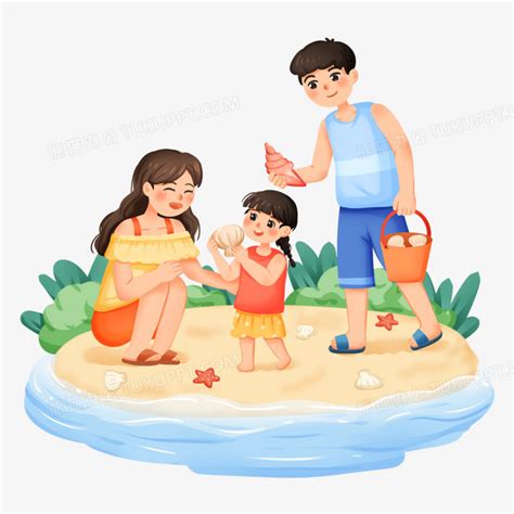 手绘插画一家人在海边捡贝壳免抠png图片素材下载插画png熊猫办公