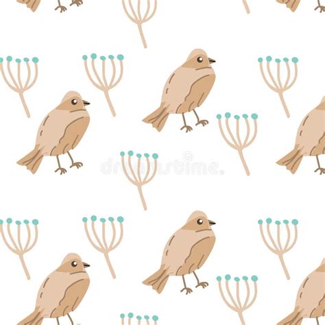 Autumn Bird With Floral Elements Seamless Pattern Stock Vector