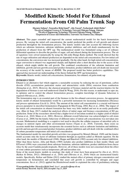 Modified Kinetic Model For Ethanol Fermentation From Oil Palm Trunk Sap Pdf Gas