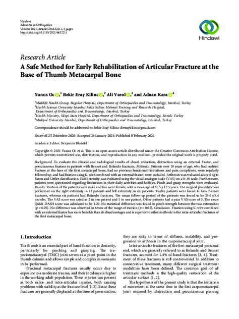 Pdf A Safe Method For Early Rehabilitation Of Articular Fracture At The Base Of Thumb