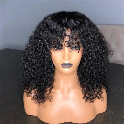 Simebeaut Full Fringe Curly Lace Front Wig With Bangs Glueless Short Bob Human Hair Wig