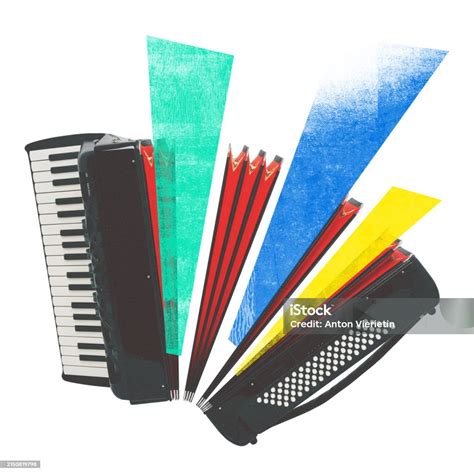 포스터 현대 미술 콜라주 세대에서 세대로 전해지는 음악 전통을 상징하는 다채롭고 역동적인 모양의 아코디언 아코디언 악기에 대한 스톡 사진 및 기타 이미지 Istock