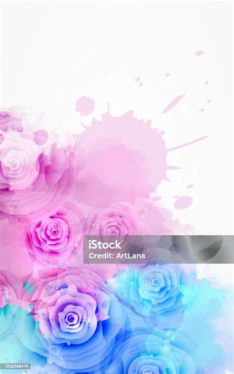 수채화 물감의 화려한 물보라와 장미 꽃이 있는 추상적인 배경 핑크와 블루 색상 당신의 디자인을 위한 템플렛 결혼식 초대장 인사말 카드 포스터 등과 같은 결혼식에 대한 스톡