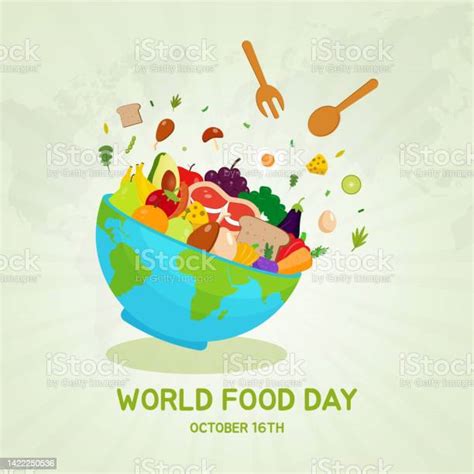 세계 음식의 날 10 월 16th지도 그릇 스푼 포크 식사 과일과 야채 일러스트 고립 된 배경에 World Food Day에