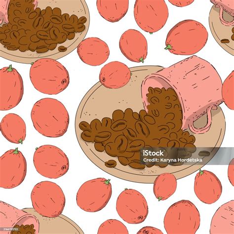 커피 콩과 커피 식물 색상 일러스트레이션의 과일을 가진 접시에 컵 포장지 직물 벽지 배경 인쇄에 사용을위한 완벽 한 패턴 0명에