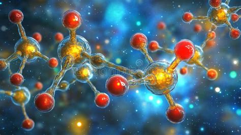 Detailed Molecular Structure With Red And Gold Spheres On A Blue And White Blurred Background