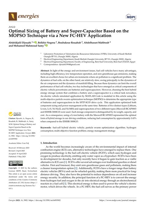 Pdf Optimal Sizing Of Battery And Super Capacitor Based On The Mopso
