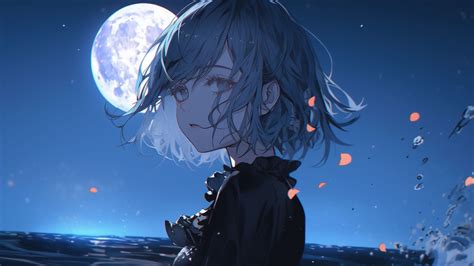 Wallpaper Girl Moon Sea Anime Art Hd Picture Image