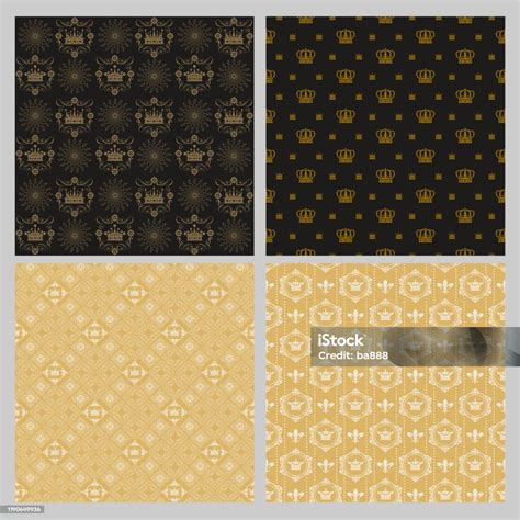 4 원활한 패턴 배경 화면 디자인 패턴의 집합입니다 빈티지 로얄 스타일 꽃 무늬 이미지 색상 블랙 골드 화이트 그래픽 디자인