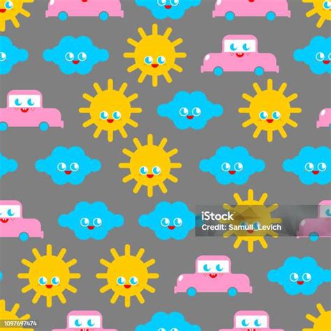 아기 피복 귀여운 패턴입니다 재미 있는 태양과 구름과 자동차 만화 스타일 배경 아이 캐릭터 텍스처 어린이 스타일 0명에 대한 스톡 벡터 아트 및 기타 이미지 Istock