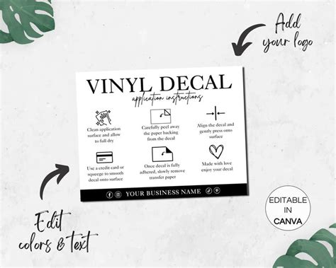 Vinyl Decal Application Instructions Card Printable Vinyl Care Cards