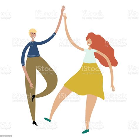 젊은 댄스 사람들 흰색 배경에 고립 된 행복한 커플 남성과 여성 댄서 댄스 파티를 즐기는 미소 남자와 여자 플랫 만화 스타일의