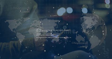 World Map And Coding Animation Over Person Using Smartphone In Dim