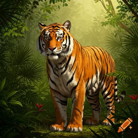 A Majestic Tiger With Orange And Black Stripes Stands In A Lush Green