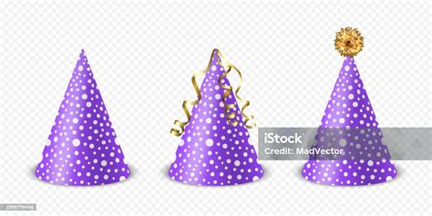 벡터 3d 현실적인 보라색과 흰색 생일 파티 모자 아이콘 세트 절연 파티 배너 인사말 카드에 대 한 파티 모자 디자인 서식 파일입니다 휴일 모자 원뿔 모양 정면도 3차원