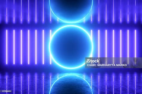 3d 렌더링 추상 네온 배경 파란색 반지와 노란색 반사 선 가상 현실 자외선 복사 공간 신스웨이브 스타일에 대한 스톡 사진 및 기타 이미지 Istock