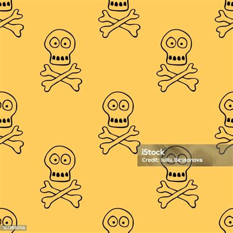 인간의 두개골과 뼈와 원활한 패턴 원시 만화 스타일 낙서 할로윈 위험 죽음 전쟁 독을 테마로 배경과 질감 직물 포장 파티 포스터 배너용 검은색에 대한 스톡 벡터 아트 및