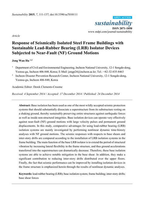 Pdf Response Of Seismically Isolated Steel Frame Buildings With Sustainable Lead Rubber