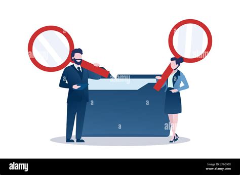 Vector Of A Businessman And Businesswoman With Magnifying Glass Searching Files In A Data Folder