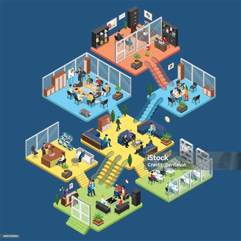 평면 아이소메트릭 사무실 센터 바닥 인테리어 직원과 회사 부서 벡터 일러스트 레이 션 3d 아이소메트리 비즈니스 아키텍처 개념입니다 감독 회계사 관리자 클라이언트 장관 문자