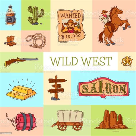 와일드 웨스트 카우보이 요소 텍스트에 대한 장소 배너 서양 화려한 카우보이 모자 부츠와 말굽 포스터 개념에 대한 스톡 벡터 아트