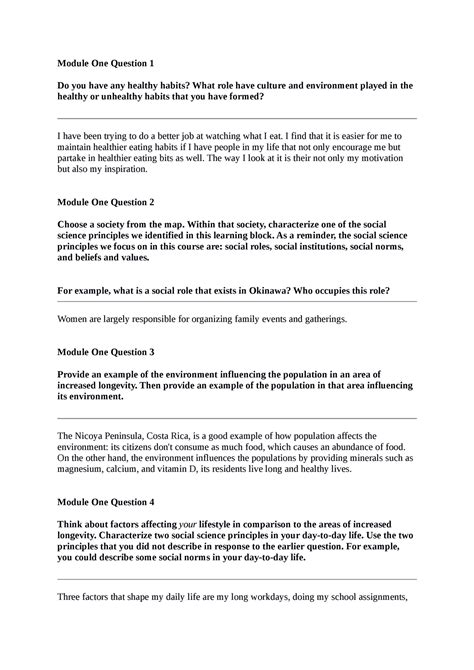 Module One Short Responses Module One Question Do You Have Any Healthy Habits What Role