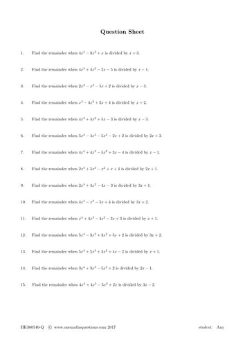 Remainder Theorem And Factor Theorem Worksheets Teaching Resources