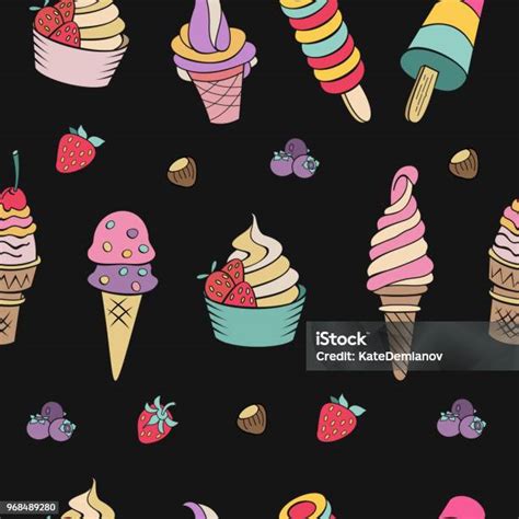 검은 배경에 완벽 한 패턴입니다 과일 견과류와 토 핑 기타 아이스크림 손으로 그린 벡터 일러스트 레이 션 개체 그룹에 대한 스톡 벡터 아트 및 기타 이미지 Istock