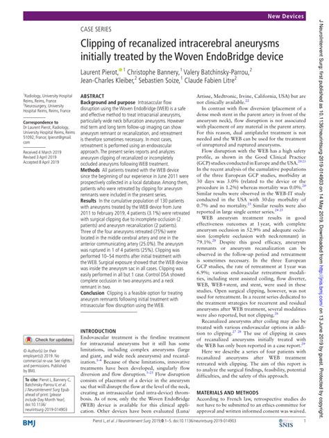Pdf Clipping Of Recanalized Intracerebral Aneurysms Initially Treated By The Woven Endobridge