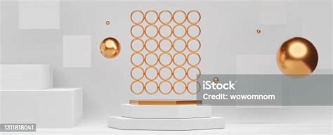 연단 제품 프리젠 테이션을위한 수평 배경3d 인테리어 빈 제품은 반지와 공흰색과 황금 색을 서있다 0명에 대한 스톡 사진 및 기타 이미지 Istock