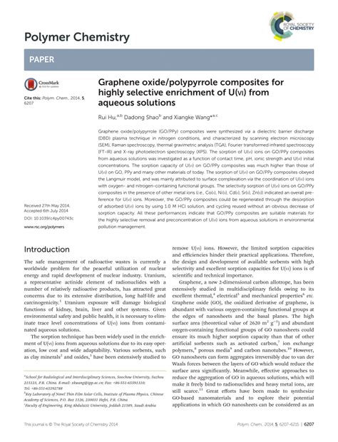 Pdf Graphene Oxide Polypyrrole Composites For Highly Selective Enrichment Of U Vi From