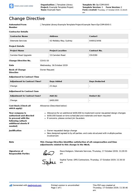 Change Directive Template Construction And Industrial Projects