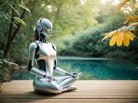 Premium Photo A Feminine Robot Practicing Yoga In A Serene Setting