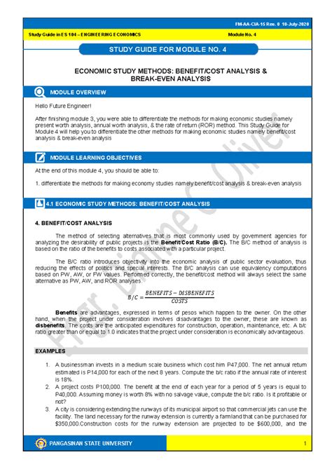 Study Guide 4 Es 104 Engg Econ Dianne Oliver PANGASINAN STATE UNIVERSITY Study Guide In ES 1
